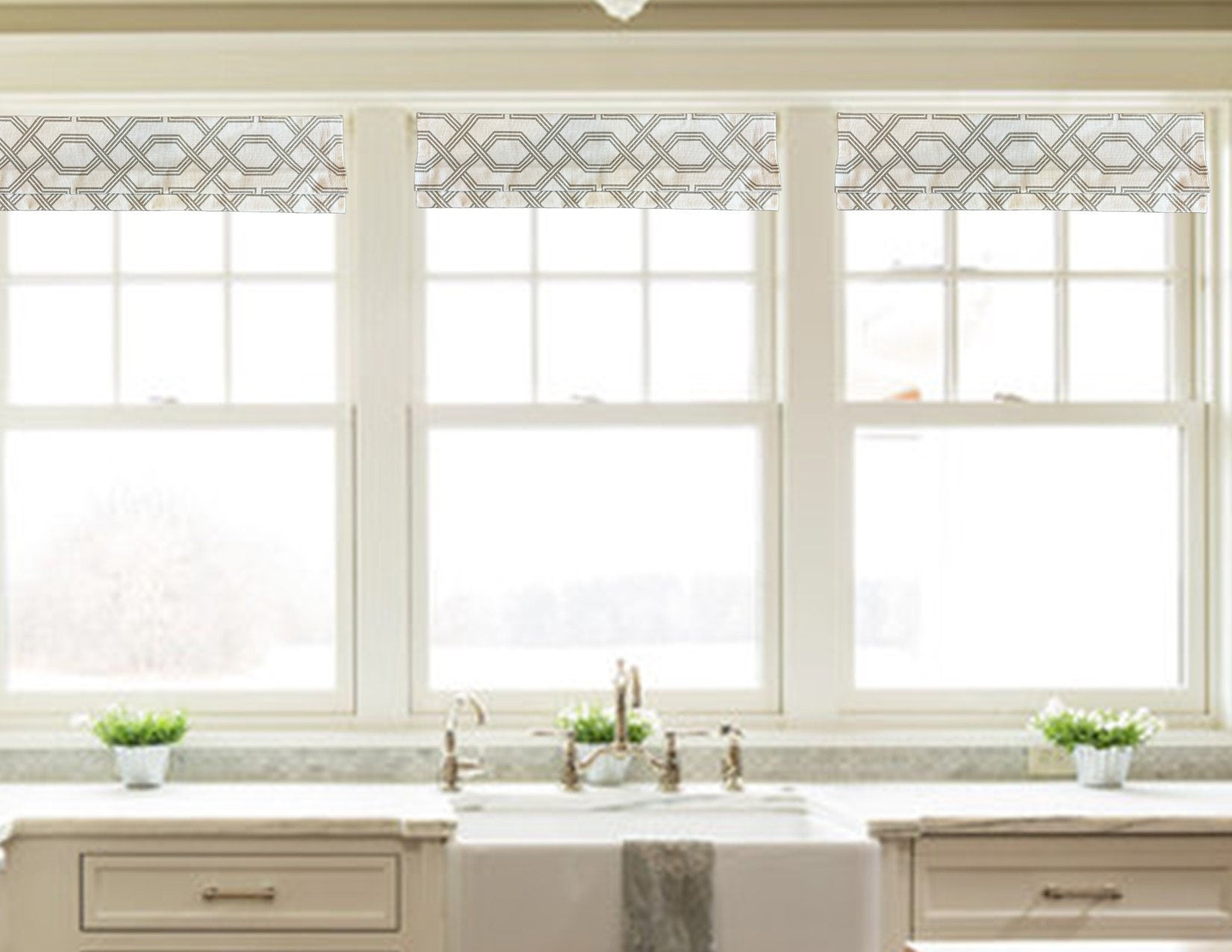 Modern Single Fold Roman Shade Valance in Grey or Blue and White Geome ...